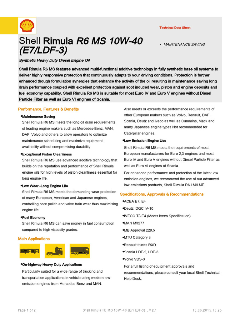 Shell Rimula r6 Ms 10w-40 (e7 Ldf-3) (en) Tds | PDF
