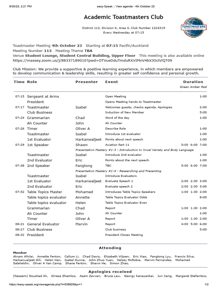 Academic Toastmasters Agenda - 4th October 23 | PDF