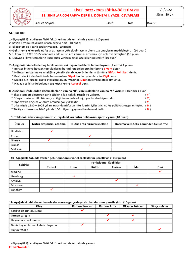 11 Sinif 1 Donem 1 Yazili Cevap Anahtari 2023 | PDF