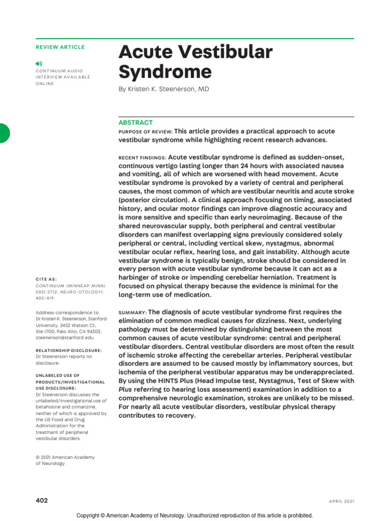 Acute Vestibular Syndrome.8 | PDF | Vertigo | Stroke