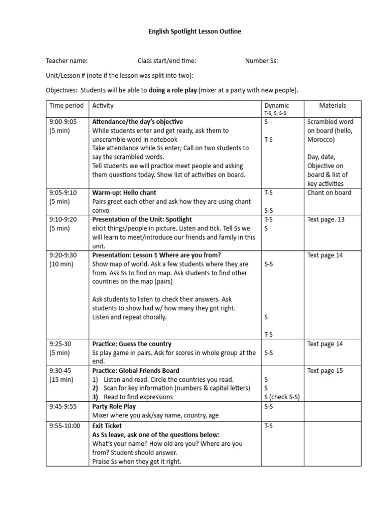 Engl Spotlight Lesson Outline_template | PDF