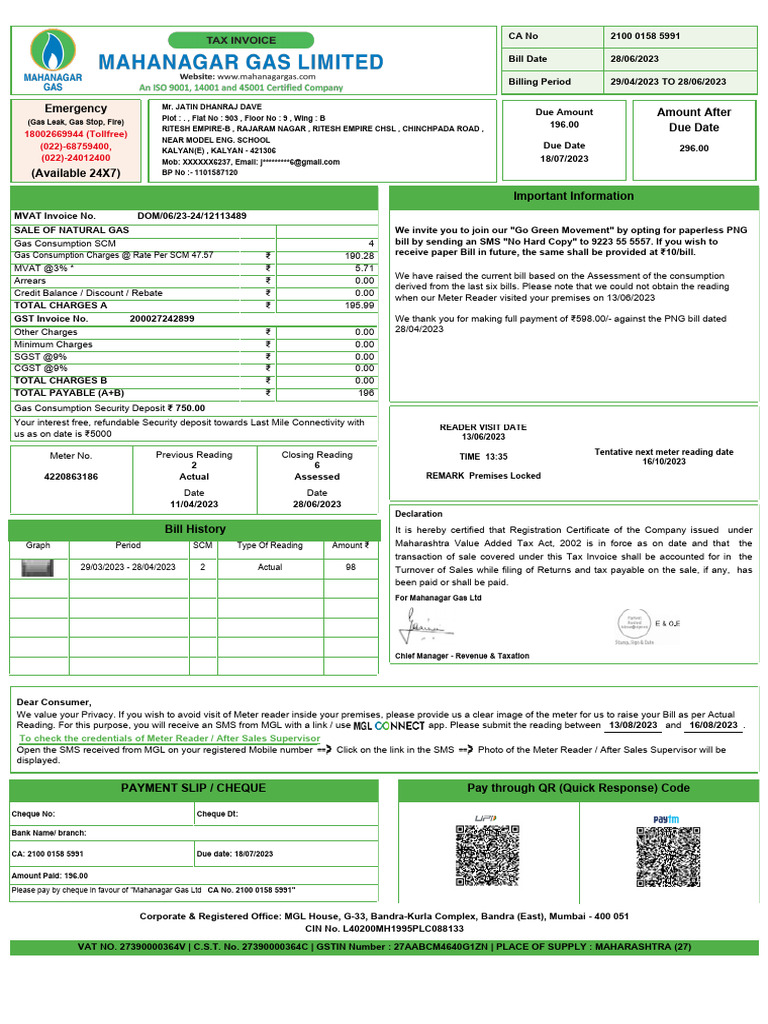 Mahanagar Gas April To June 2023 Bill | PDF | Taxes | Money