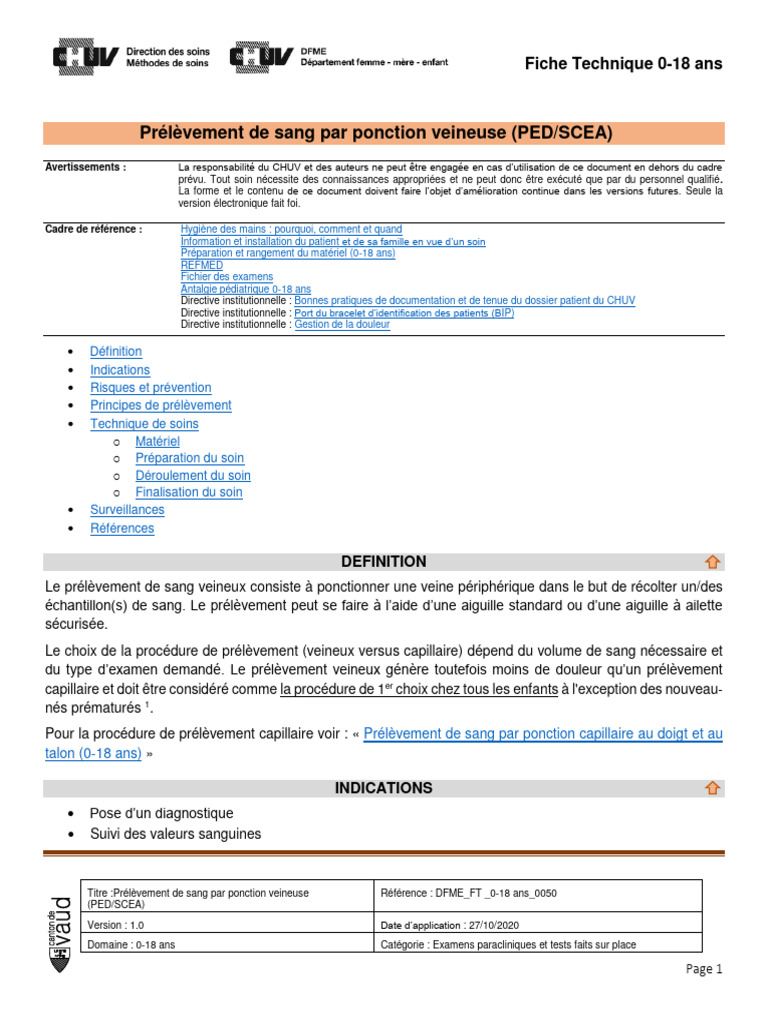 DFME Prelevement de Sang Par Ponction Veineuse DFME FT 0-18 Ans 0050 1.0 | PDF