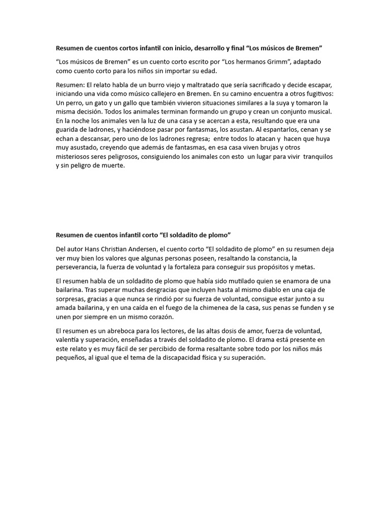 Resumen de Cuentos Cortos Infantil Con Inicio | PDF