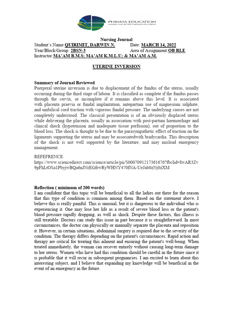 Nursing Journal of Uterine Inversion | PDF