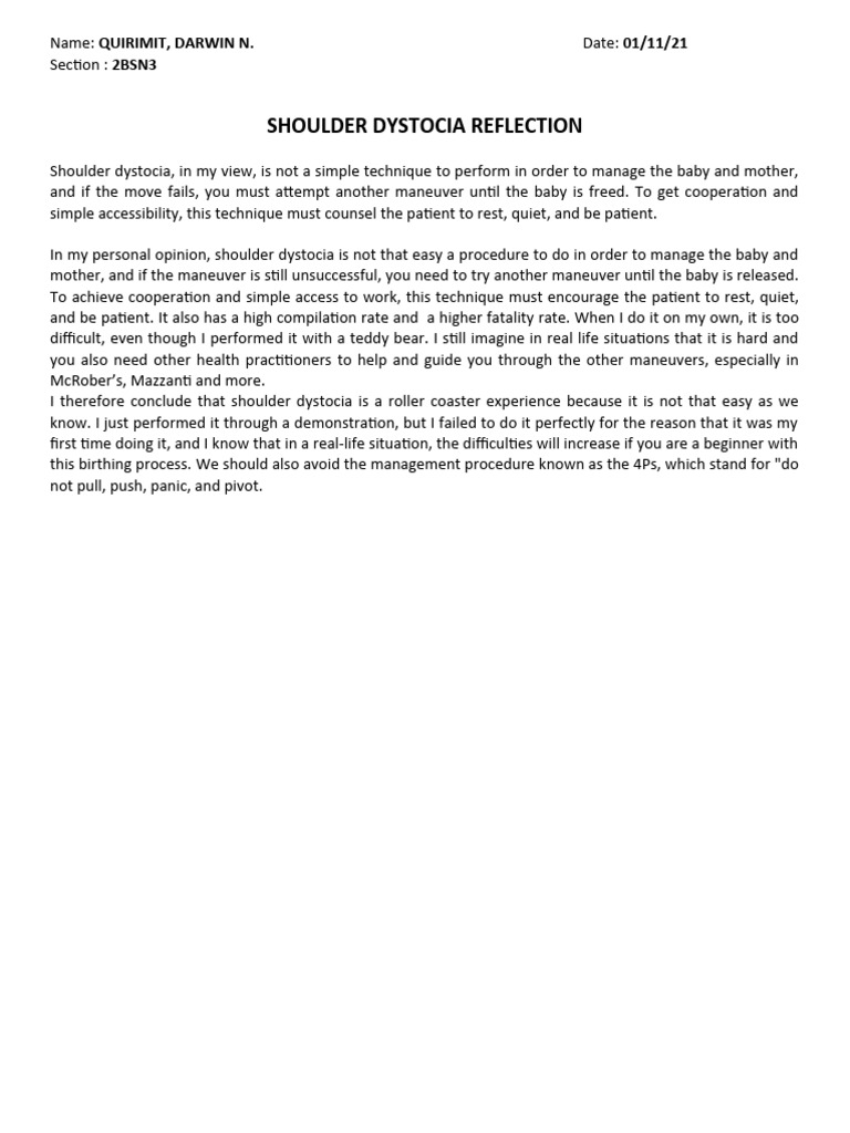 Shoulder Dystocia Reflection | PDF