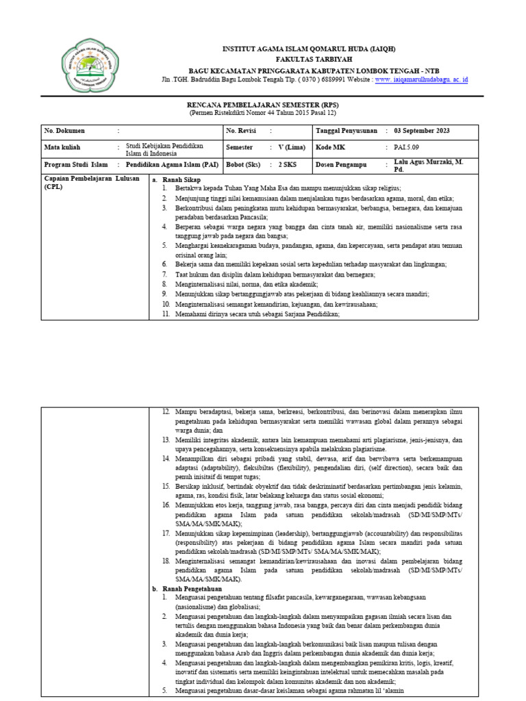 Lamzet RPS Studi Kebijakan Pendis Di Indonesia PAI GanjiI 2023 | PDF