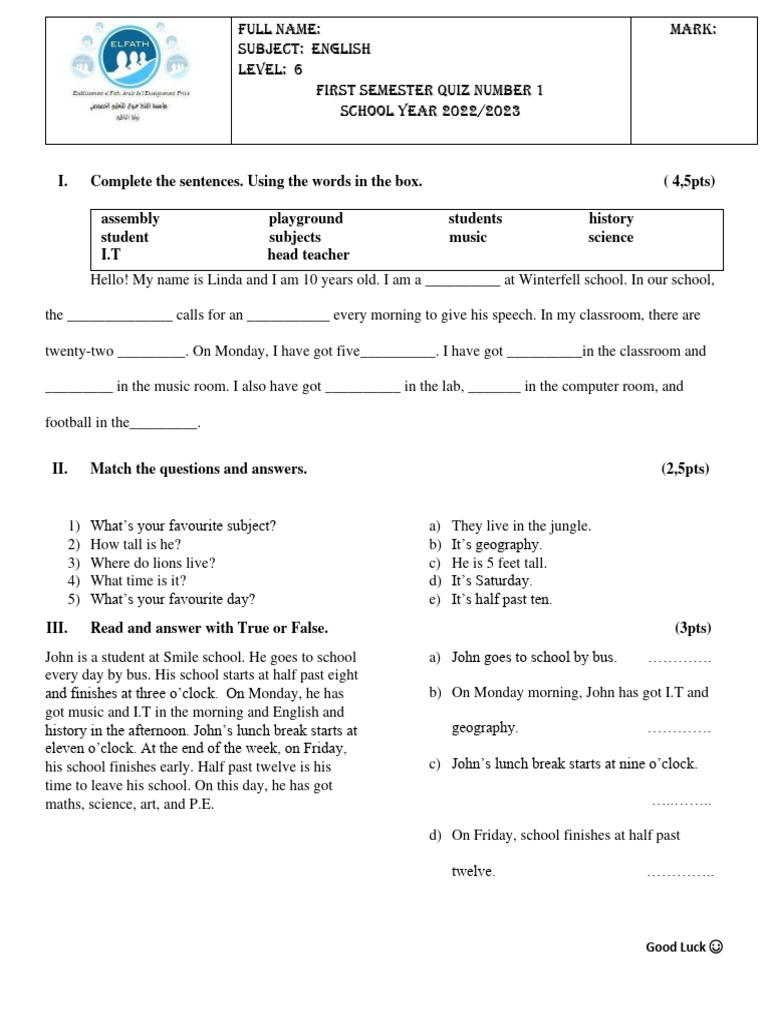 Quiz 6th Grade 1 | PDF