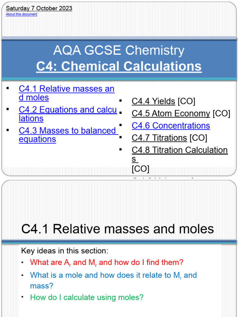 11102018 AQA GCSE Chemistry Calculations | PDF