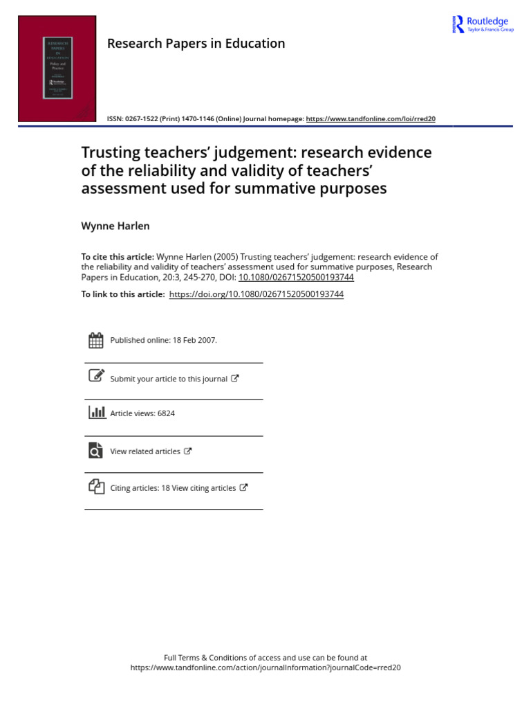 Trusting Teachers Judgement Research Evidence of The Reliability and ...