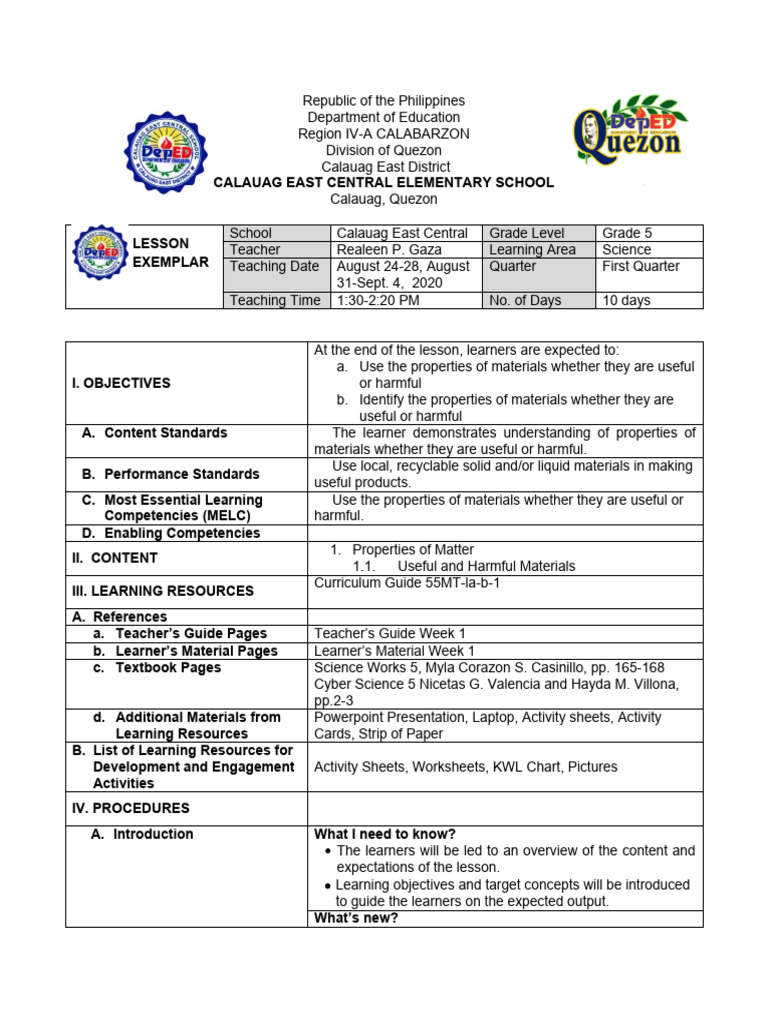 LESSON EXEMPLAR SCIENCE 5 | PDF