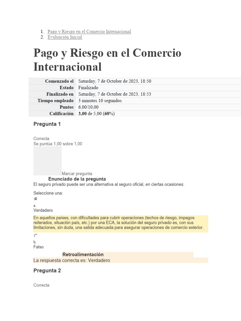 Evaluación Inicial Pago y Riesgo en El Comercio Internacional | PDF | Negocios
