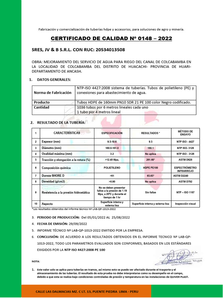 CERTIFICADO DE CALIDAD Nº 148-160 PN10 ISO 4427 PE100 JEF (2) | PDF