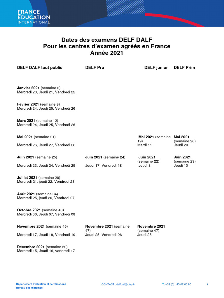 Calendrier Sessions Delf Dalf 2021 France | PDF