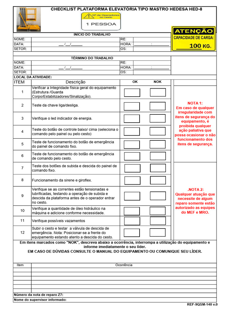 Check List Plataforma Elevatória Telescópica - Modelo Hed-8 - Ref-9qsm ...