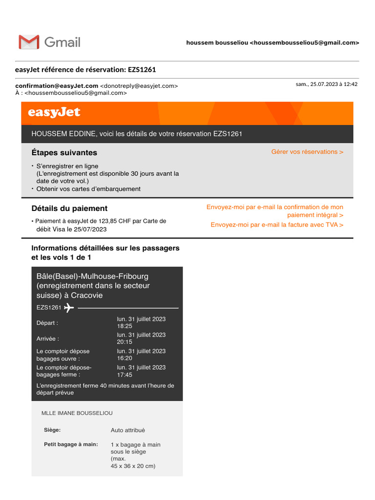 Easyjet Référence de Réservation: Ezs1261 | PDF