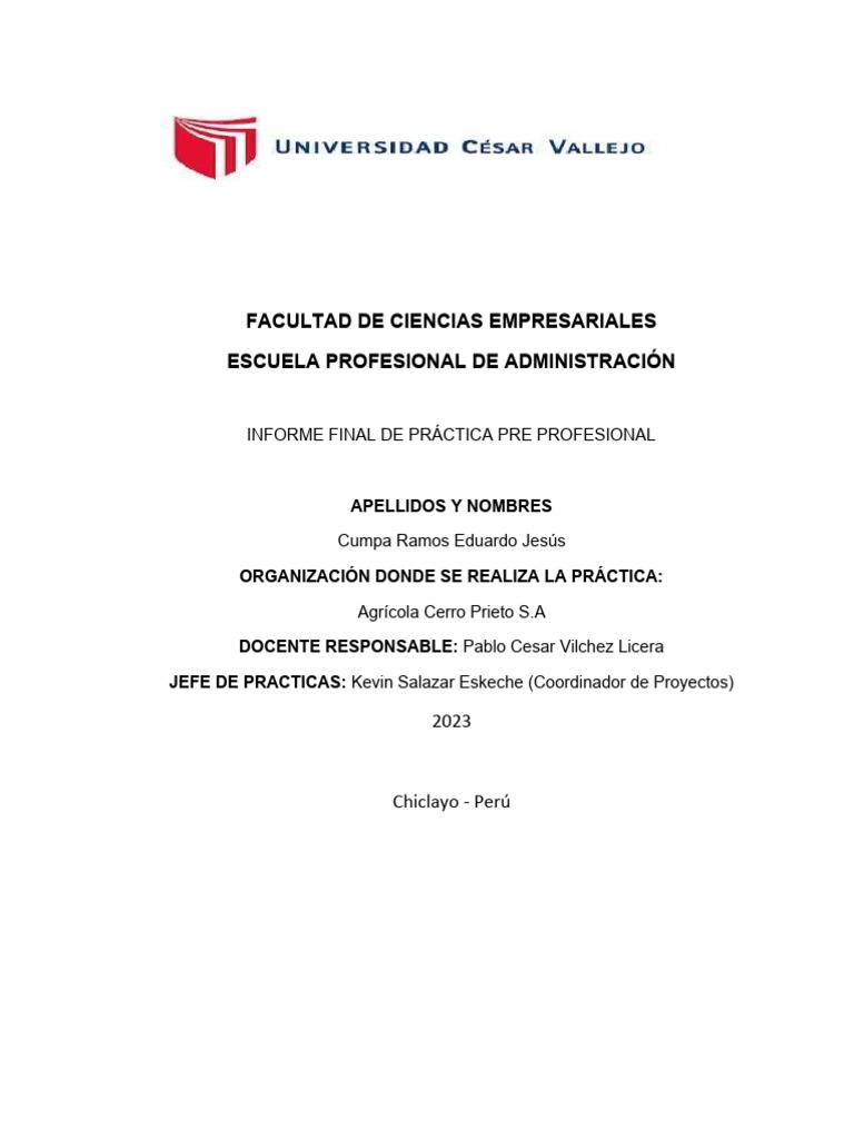 Informe Práctica en Agrícola Cerro Prieto | PDF | Finanzas y dinero | Tecnología