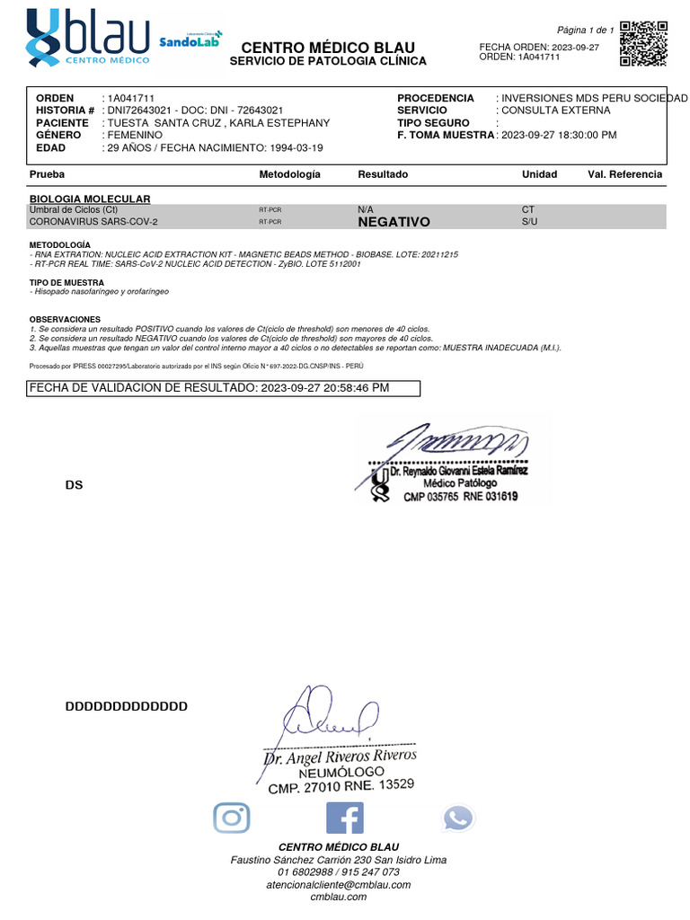 Resultado RT-PCR COVID-19 Negativo | PDF | Medicina CLINICA ...