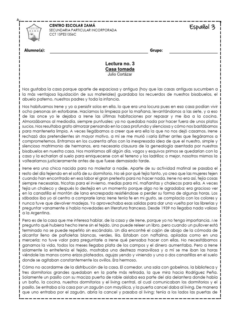 E3-Lectura 03 Casa Tomada (Julio Cortazar) | PDF
