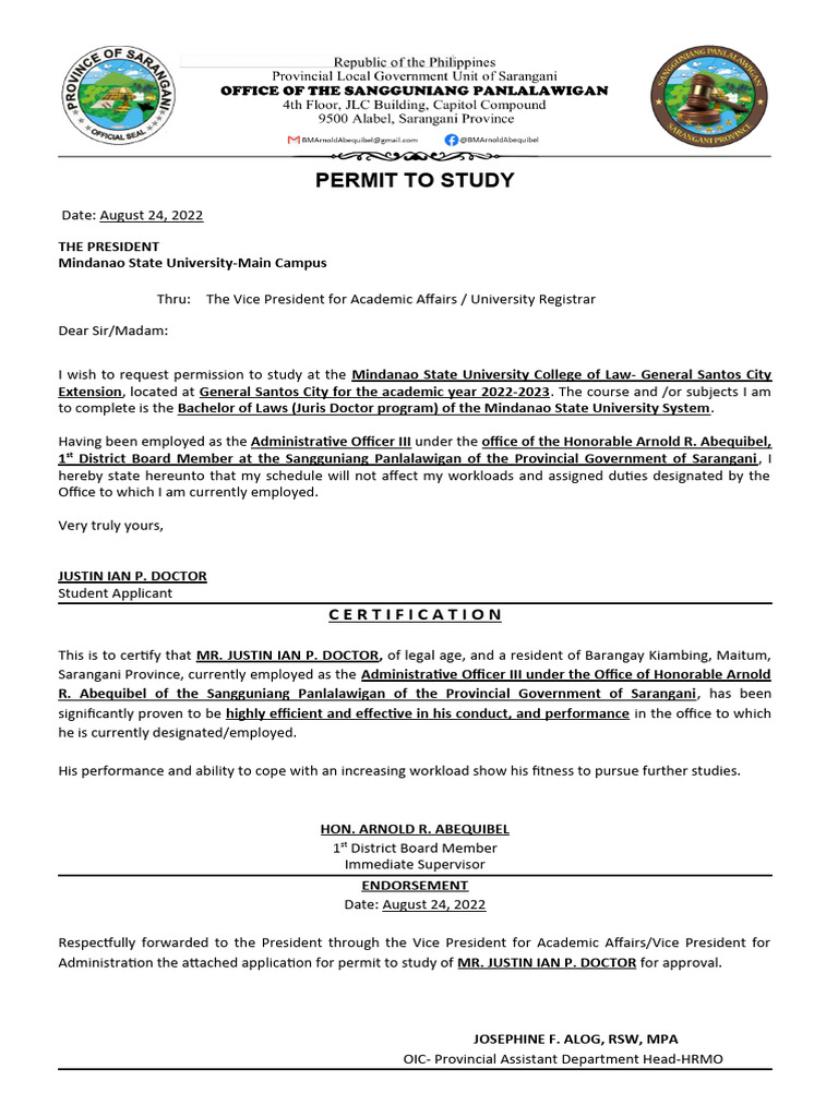 Permit To Study Form | PDF