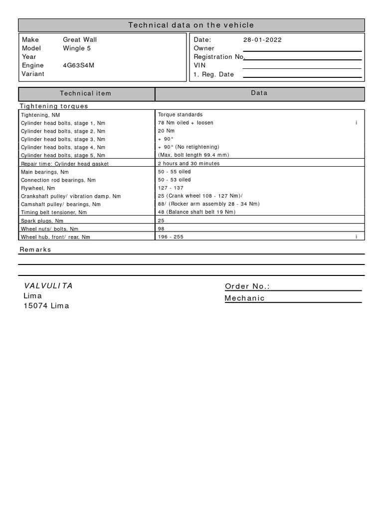 Especificaciones de Torque o Apriete Greatwall Wingle 5 4g63s4m | PDF