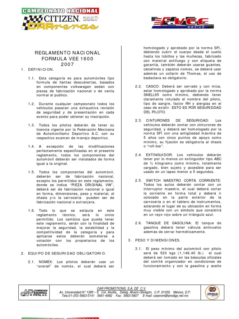 Reglamento Nacional Fórmula Vee 1600 | PDF | Suspensión (Vehículo ...