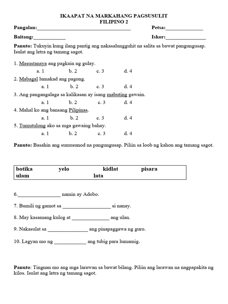 IKAAPAT NA MARKAHANG PAGSUSULIT Filipino | PDF IKAAPAT NA MARKAHANG PAGSUSULIT Filipino | PDF