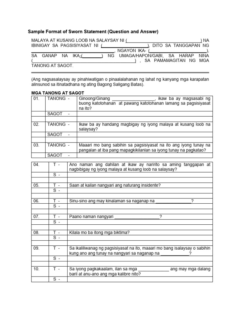 Sample Format of Sworn Statement (Question and Answer) | PDF