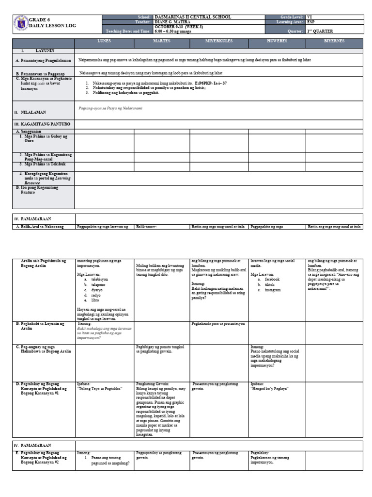 Esp 6 DLL Q1 Week 3 | PDF