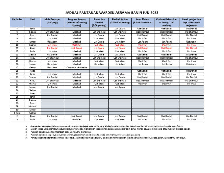 Jadual Pantauan Warden Asrama Banin Jun 2023 | PDF