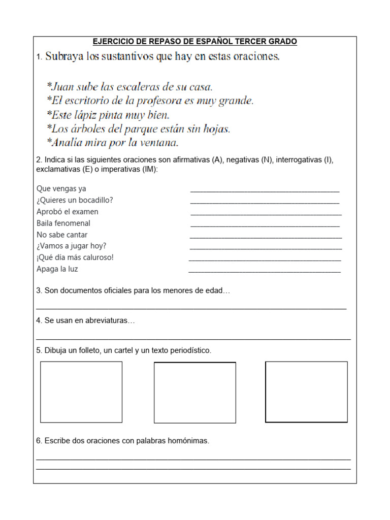 Ejercicio Español 3er Grado: Oraciones y Análisis | PDF | Asunto ...
