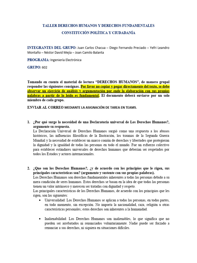 Taller Derechos Humanos y Derechos Fundamentales | PDF