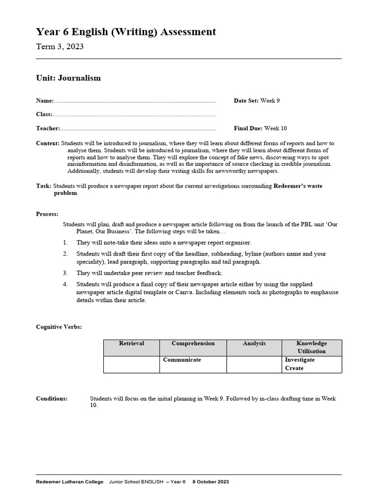 Year 6 Term 3 - Writing Assessment - Newspaper Article | PDF ...