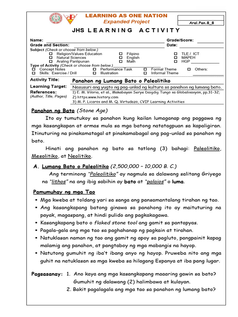 Aral Pan 8 LAS 8 Panahon NG Lumang Bato o Paleolitiko | PDF