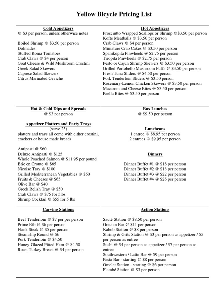 Yellow Bicycle Catering Prices | PDF | Hors D'oeuvre | Salad