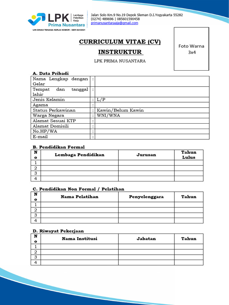 CV Instruktur LPK Prima Nusantara | PDF