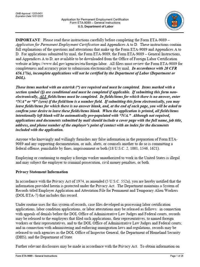 Form ETA-9089 - General Instructions - 508 Compliant - 06.01.2023 | PDF