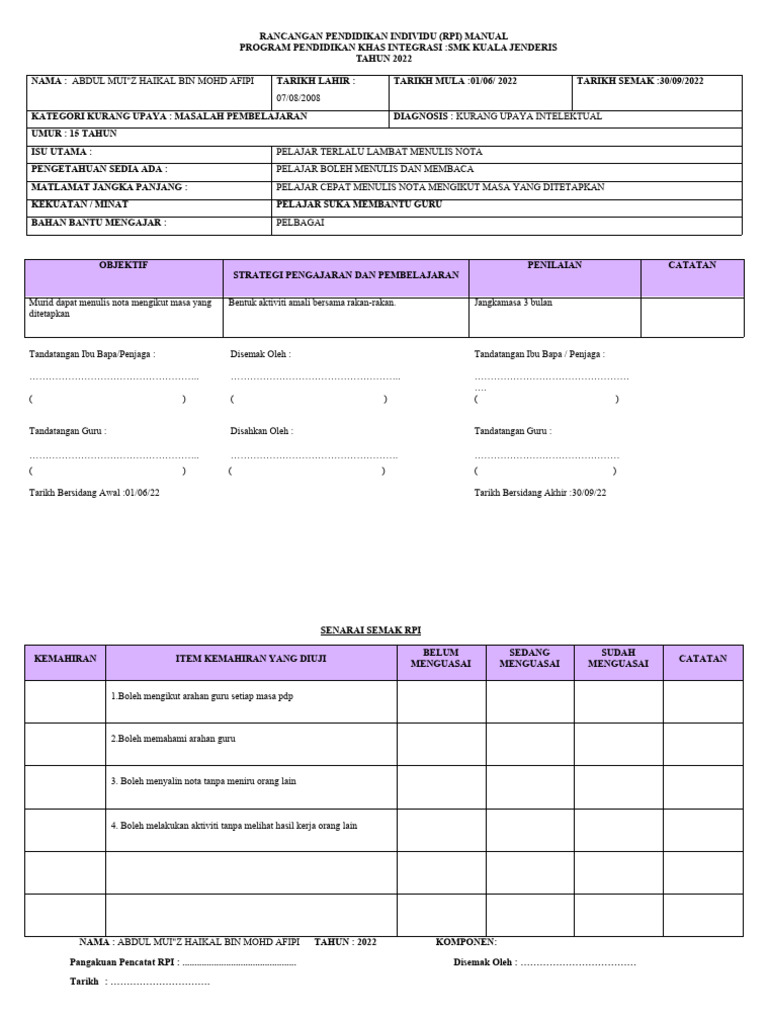 Rancangan Pendidikan Individu 2022 | PDF