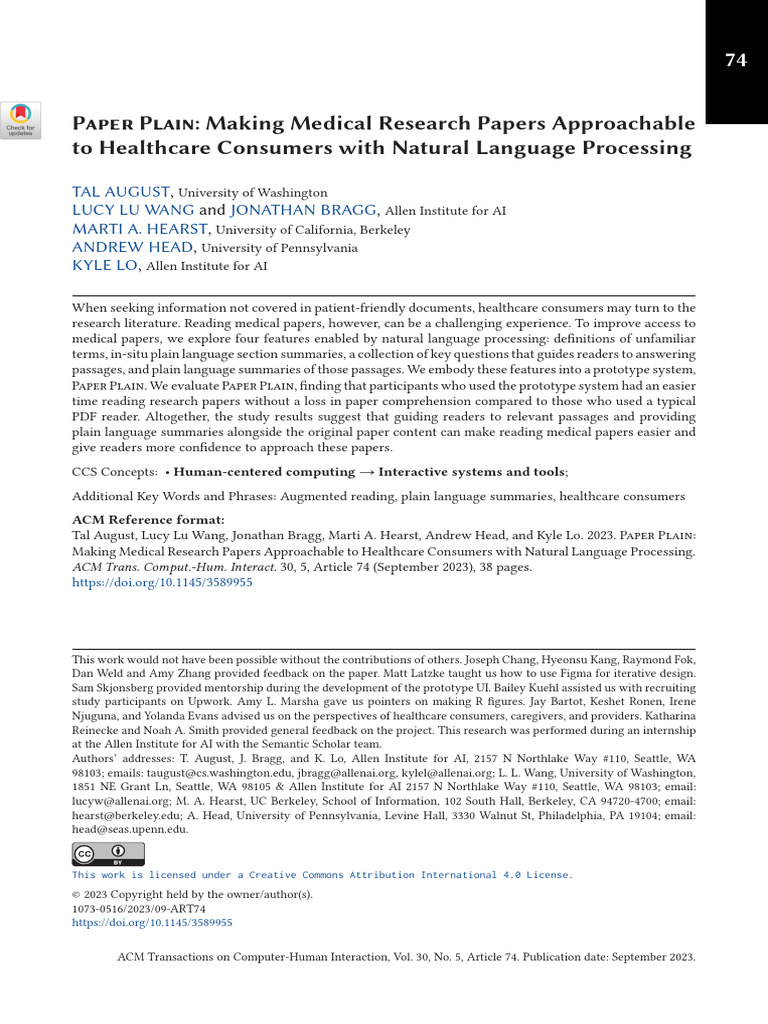 Paper Plain: Making Medical Research Papers Approachable To Healthcare ...