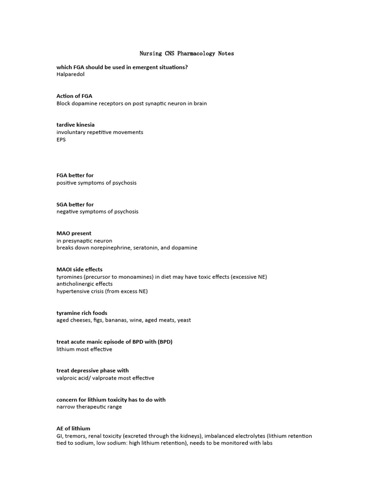 Nursing CNS Pharmacology Notes | PDF