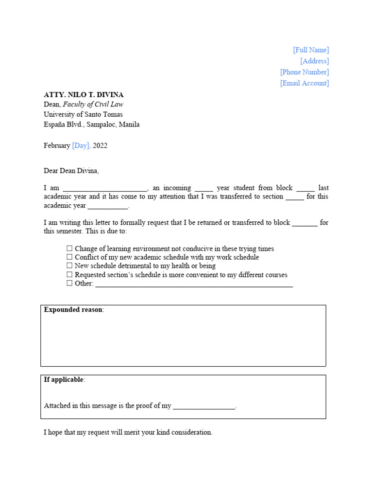 Letter of Request To Transfer Subject Schedule | PDF
