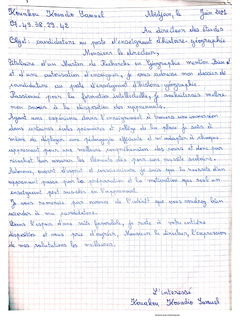 Lettre de Motivation Manuscrite | PDF