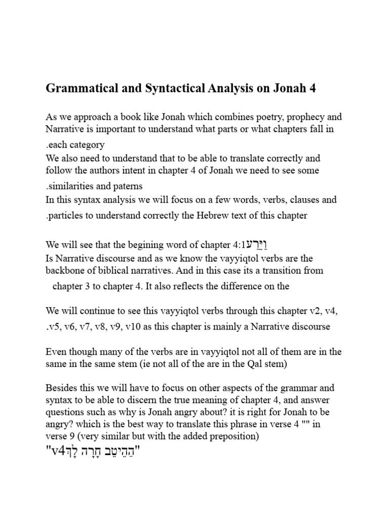 Grammatical and Syntactical Analysis On Jonah 4 | PDF