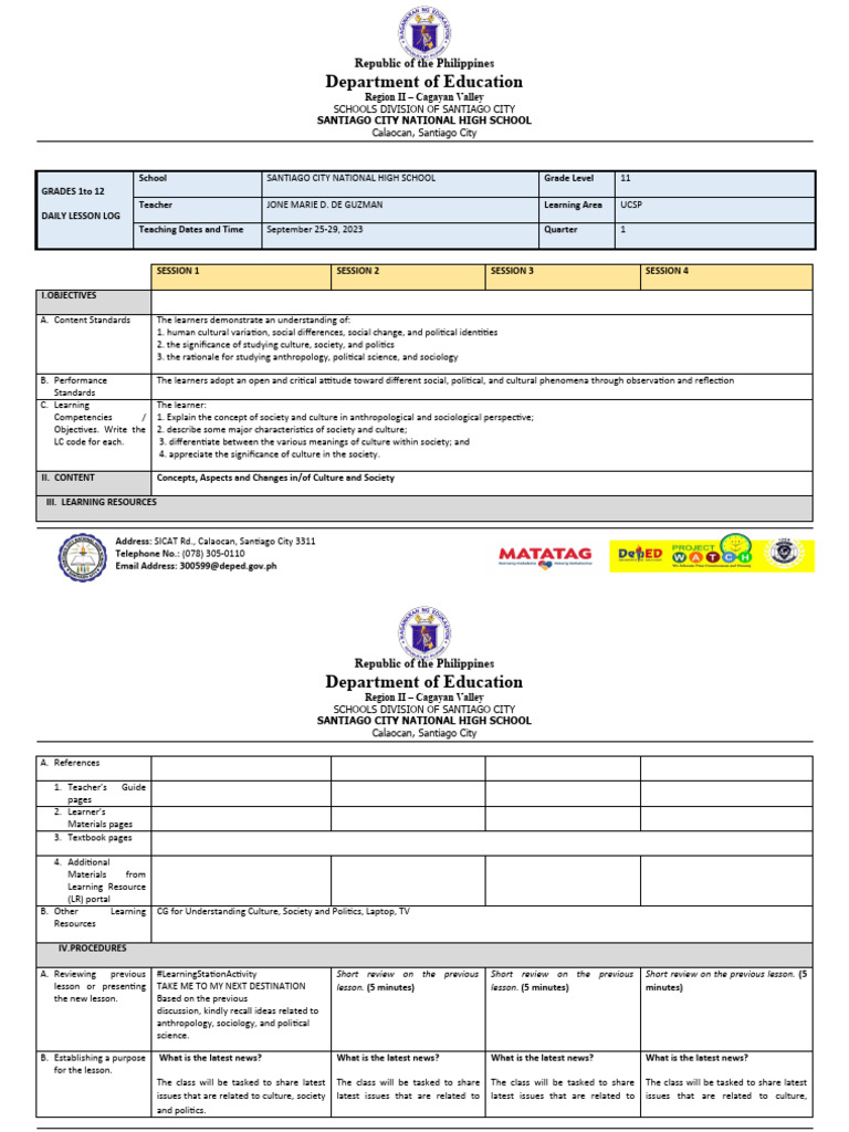 UCSP Week 2 Daily Lesson Log | PDF