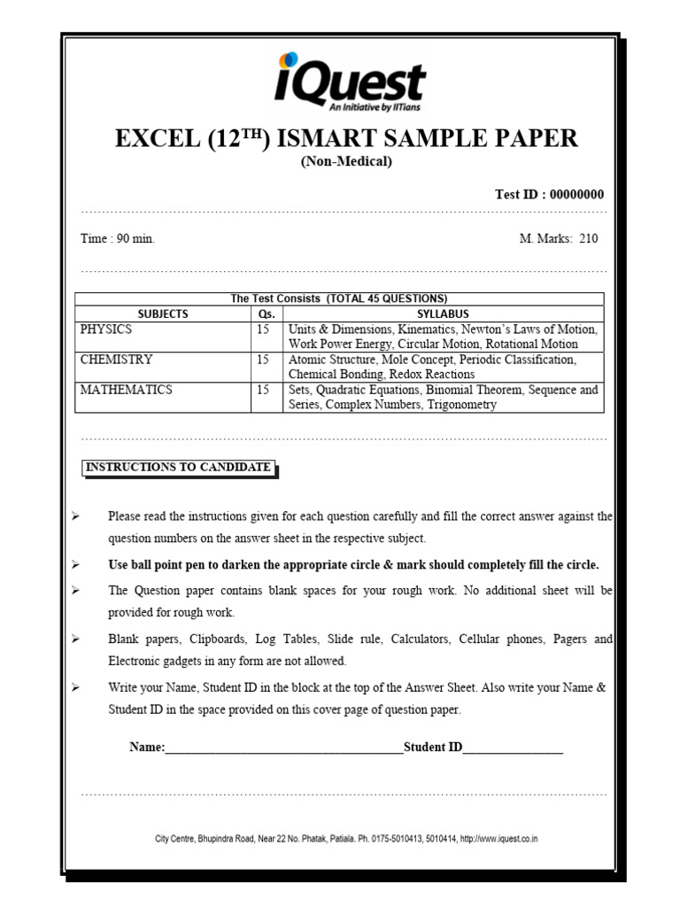EXCEL (12) Ismart Sample Paper: TH (Non-Medical) | PDF | Chemistry ...