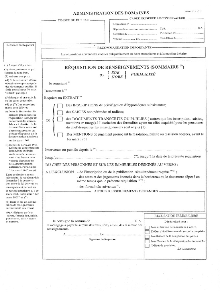 Formulaire de Réquisition de Renseignements FR - Conservation | PDF