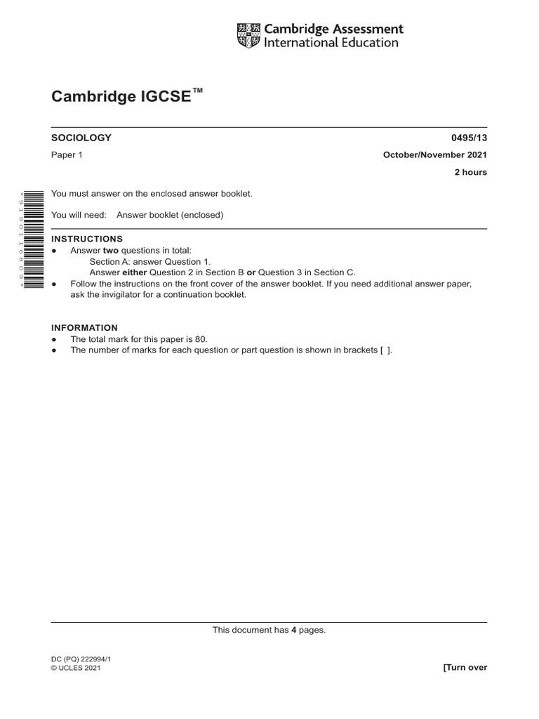 Cambridge IGCSE: SOCIOLOGY 0495/13 | PDF | Social Inequality ...