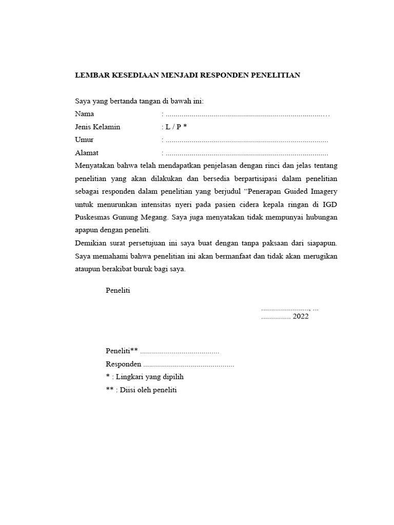 Lembar Kesediaan Menjadi Responden Penelitian | PDF