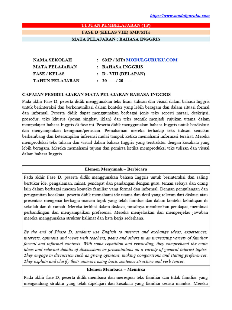 TP Kelas 8 SMP Fase D Bahasa Inggris | PDF