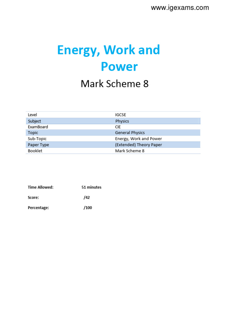 17.8 Energy Work Power CIE IGCSE Physics Ext Theory Ms | PDF